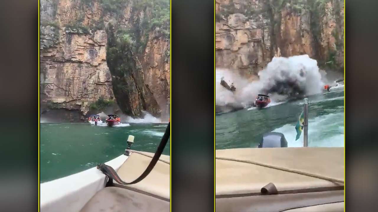 Cliff Rock Collapse In Waterfall In Brazil
